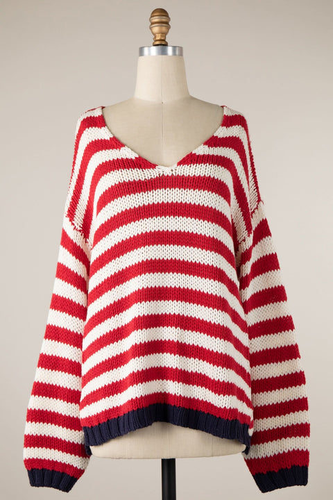 Red Striped Oversized Slouchy Sweater Top | Boho Pink
