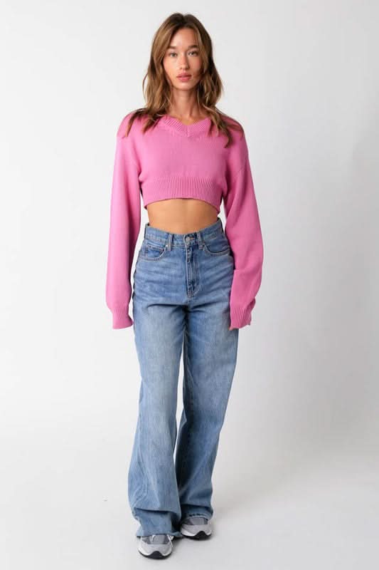Pink Sweater - V-Neck Cropped Sweater Top | Boho Pink