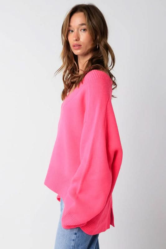 Pink Oversized Sweater - V-Neck Sweater - Sweater | Boho Pink